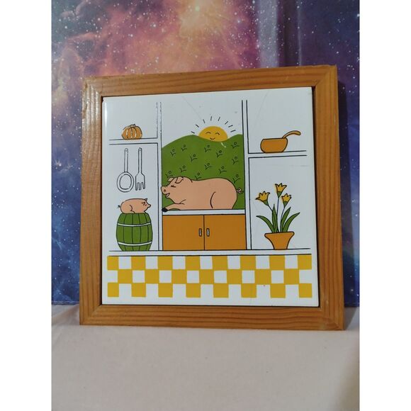 Accents | Vintage Pig Ceramic Tile And Wood Trivet Kitchen Wall Decor ...